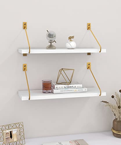 Gronda White Floating Shelves Set of 2, Modern Floating Shelves Wall Mounted with Gold Bracket Wall Shelves for Living Room Bathroom Bedroom Kitchen Office
