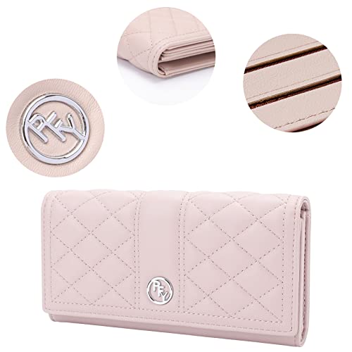 Felomdep Womens Wallet Medium Size Trifold Rfid Blocking Soft PU Leather Large Capacity Long Pink Shopping Wallet For Lady Travel Document Accessories Holder For Passport,Credit Card,Vaccine Card etc