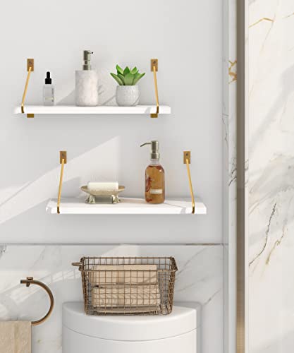 Gronda White Floating Shelves Set of 2, Modern Floating Shelves Wall Mounted with Gold Bracket Wall Shelves for Living Room Bathroom Bedroom Kitchen Office