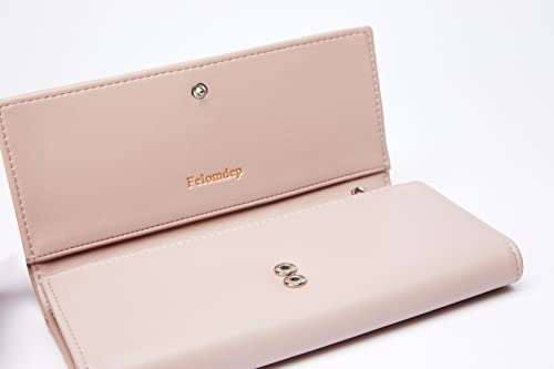 Felomdep Womens Wallet Medium Size Trifold Rfid Blocking Soft PU Leather Large Capacity Long Pink Shopping Wallet For Lady Travel Document Accessories Holder For Passport,Credit Card,Vaccine Card etc