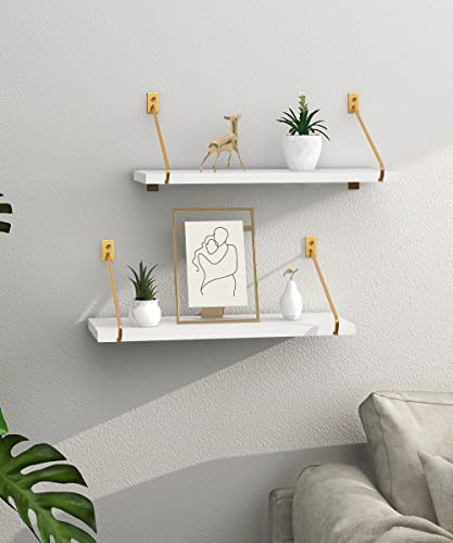 Gronda White Floating Shelves Set of 2, Modern Floating Shelves Wall Mounted with Gold Bracket Wall Shelves for Living Room Bathroom Bedroom Kitchen Office