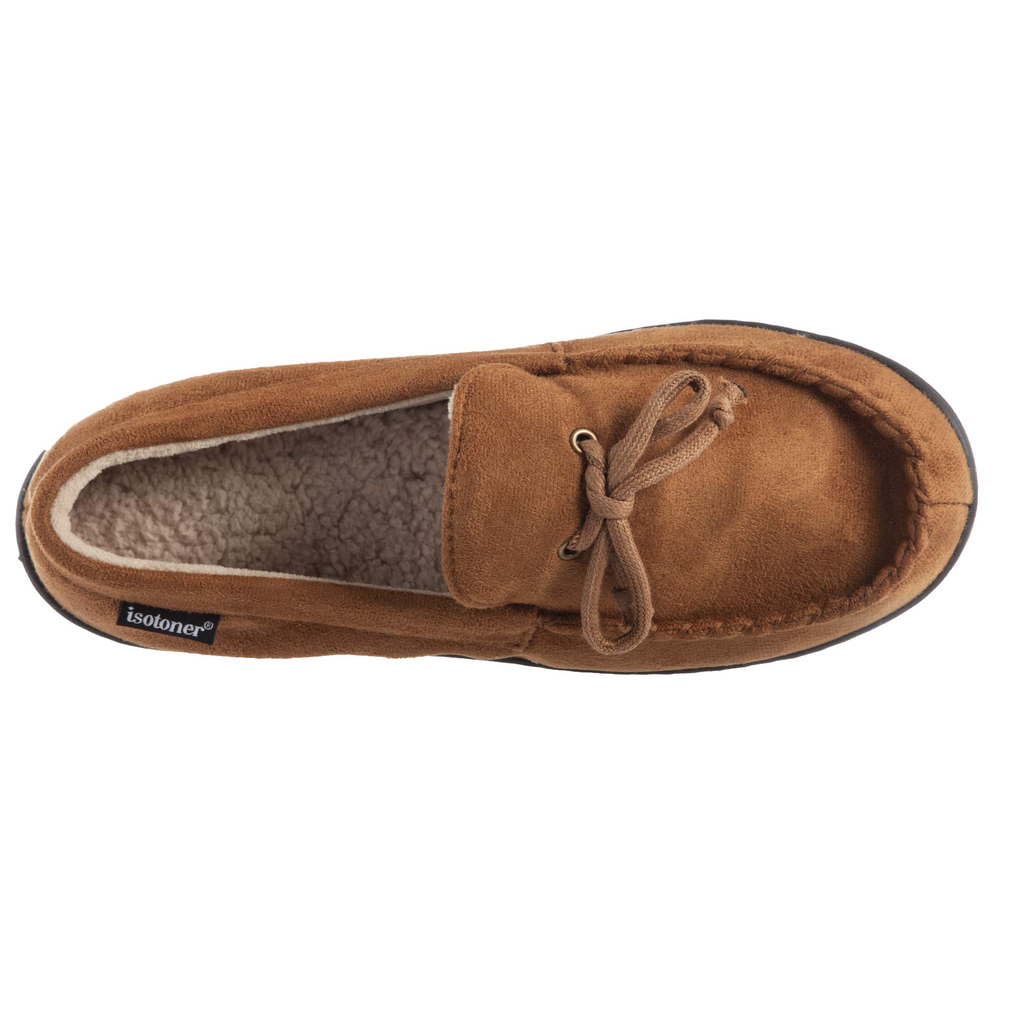 Isotoner Mens Microsuede Slipper With Cooling Memory Foam For Indoor/Outdoor Comfort Moccasin, Brown, 11-12 US