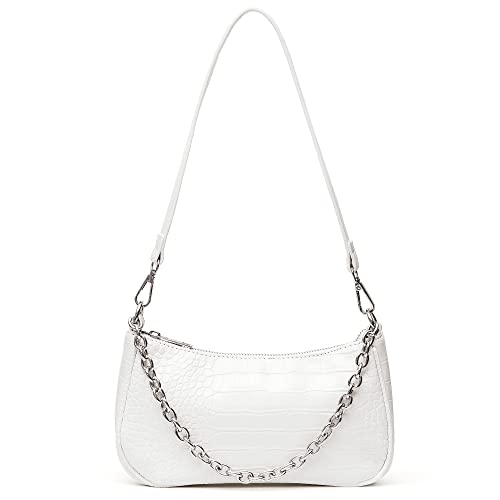BOBOWINGS White Small Purses for Women, Mini Crocodile Pattern Leather Shoulder Bag Trendy with Silver Chain, Zipper Closure