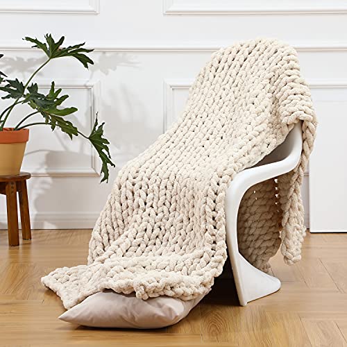 ZUIBESCHOS Chunky Knit Blanket Warm Chenille Yarn Throw Blanket 40x60 Inch Cozy Throw Yarn Blanket for Bed Home Decor Machine Washable Beige