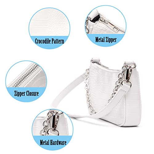 BOBOWINGS White Small Purses for Women, Mini Crocodile Pattern Leather Shoulder Bag Trendy with Silver Chain, Zipper Closure