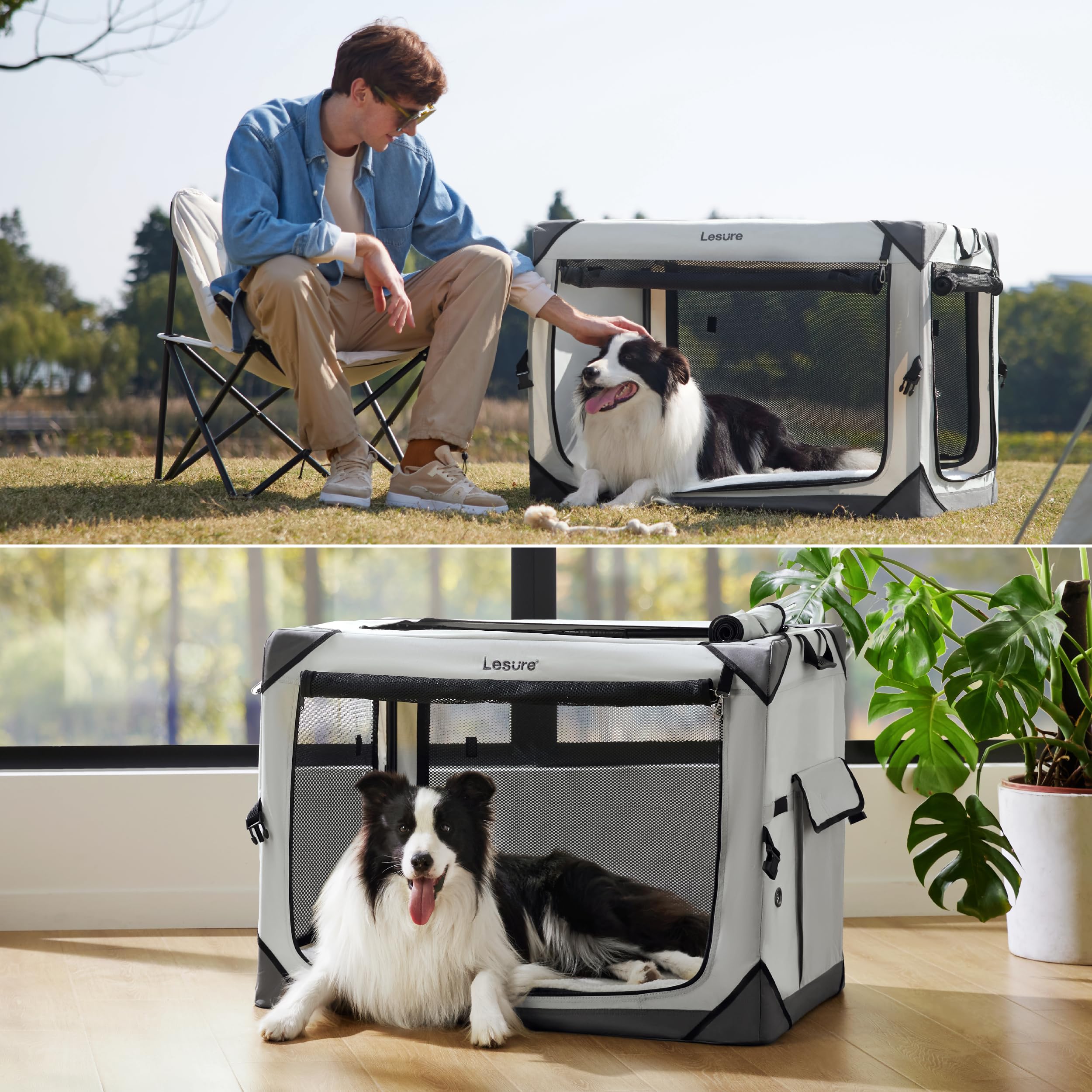 Lesure Collapsible Dog Crate - Portable Travel Kennel for Large Dog, 4-Door Pet Crate with Durable Mesh Windows, Indoor & Outdoor, Light Gray