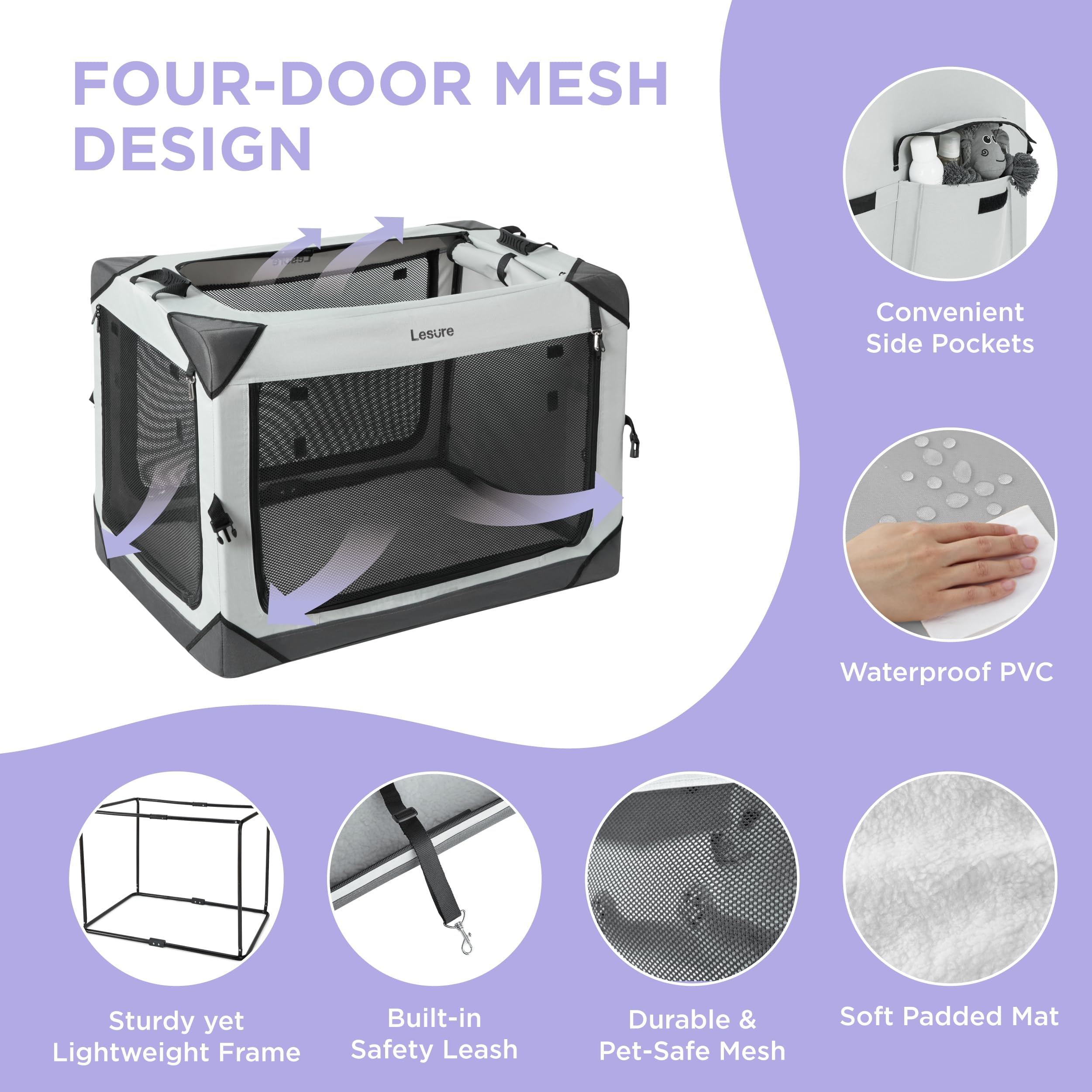Lesure Collapsible Dog Crate - Portable Travel Kennel for Large Dog, 4-Door Pet Crate with Durable Mesh Windows, Indoor & Outdoor, Light Gray