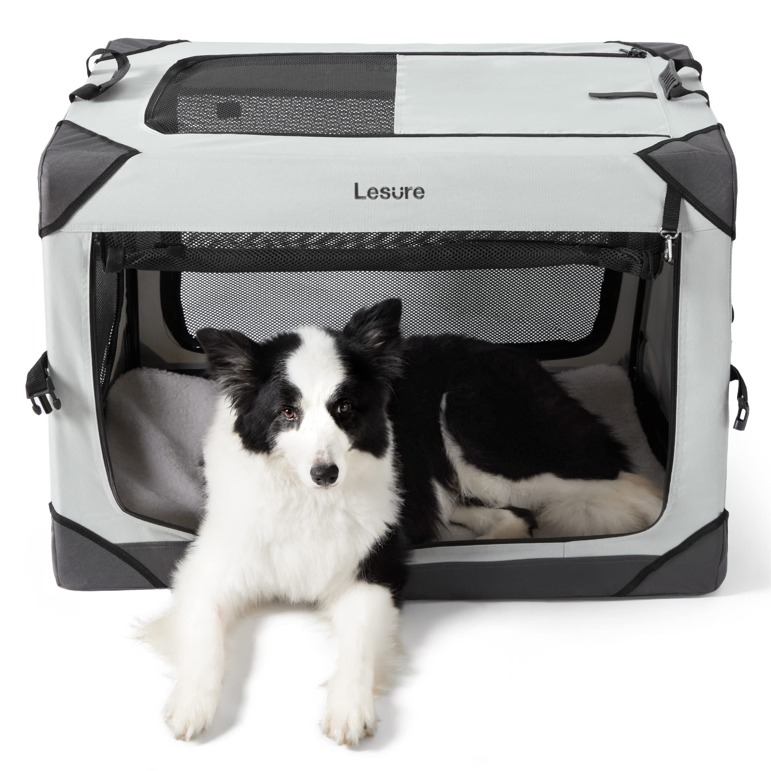 Lesure Collapsible Dog Crate - Portable Travel Kennel for Large Dog, 4-Door Pet Crate with Durable Mesh Windows, Indoor & Outdoor, Light Gray
