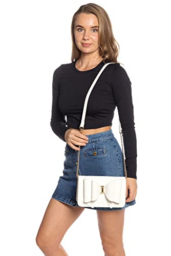 Like Dreams Fashion Crossbody Bag for Women Elegant Bowtie Vegan Leather Chain Meshed Long Strap Shoulder Purse (White)