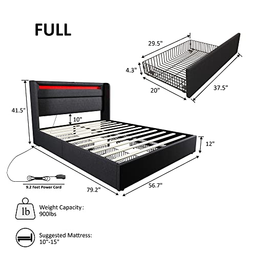 AMERLIFE Full Bed Frame with RGBW LED Lights Headboard & 4 Storage Drawers, Upholstered Smart Platform Bed with USB & USB-C Ports, Box Spring Optional, Dark Grey