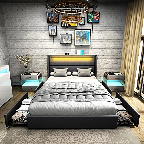 AMERLIFE Full Bed Frame with RGBW LED Lights Headboard & 4 Storage Drawers, Upholstered Smart Platform Bed with USB & USB-C Ports, Box Spring Optional, Dark Grey