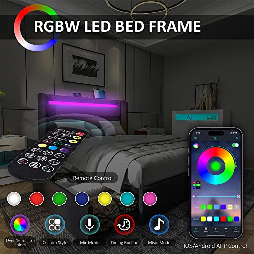 AMERLIFE Full Bed Frame with RGBW LED Lights Headboard & 4 Storage Drawers, Upholstered Smart Platform Bed with USB & USB-C Ports, Box Spring Optional, Dark Grey