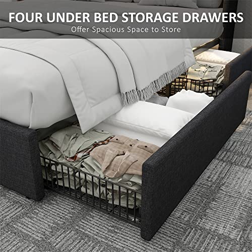 AMERLIFE Full Bed Frame with RGBW LED Lights Headboard & 4 Storage Drawers, Upholstered Smart Platform Bed with USB & USB-C Ports, Box Spring Optional, Dark Grey