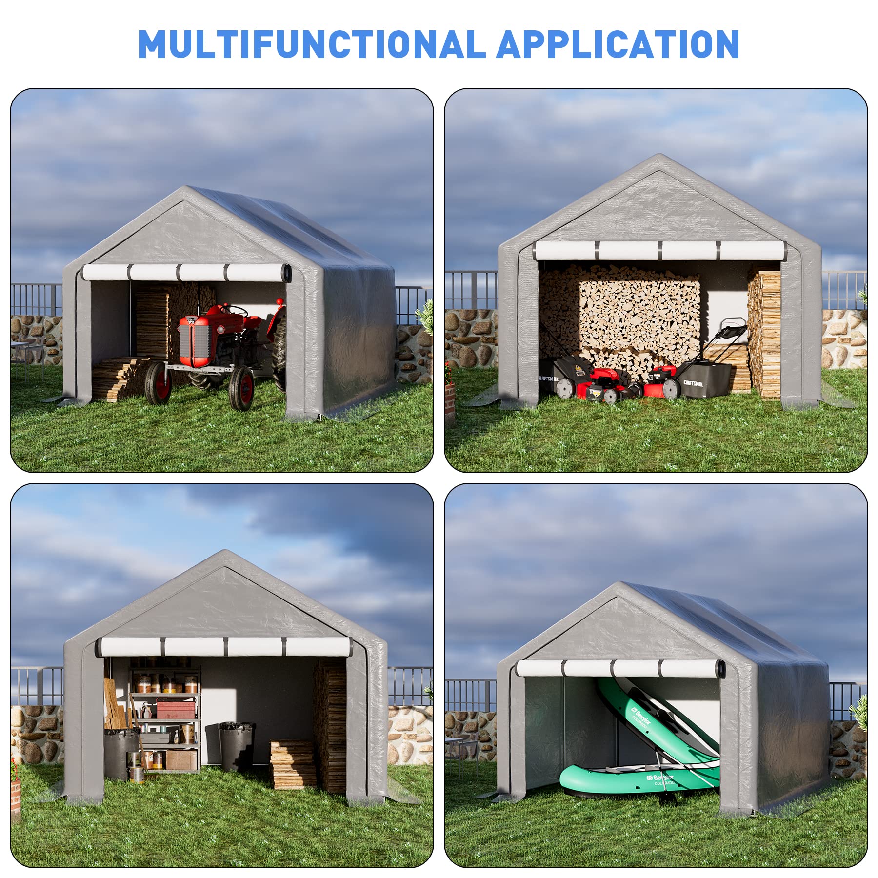 WIILAYOK Outdoor Storage Shelter, 10x10 ft Portable Shed with Roll up Zipper Door, Waterproof and UV Resistant Anti-Snow, Heavy Duty Carport for Storing Garden Tools, Outdoor Equipment