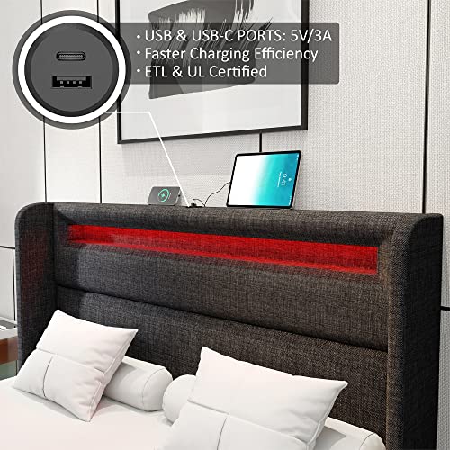 AMERLIFE Full Bed Frame with RGBW LED Lights Headboard & 4 Storage Drawers, Upholstered Smart Platform Bed with USB & USB-C Ports, Box Spring Optional, Dark Grey
