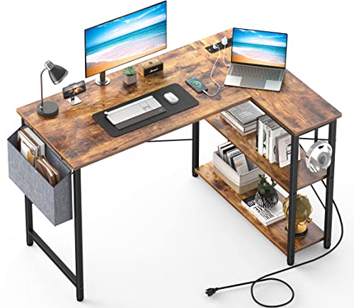 Mr IRONSTONE L Shaped Desk with Outlets & USB Ports, Reversible 47 Inch Office Desk, Corner Desk for Small Space with Storage Shelves for Workstation, Small Desk with Storage Bag & Hook, Rustic Brown