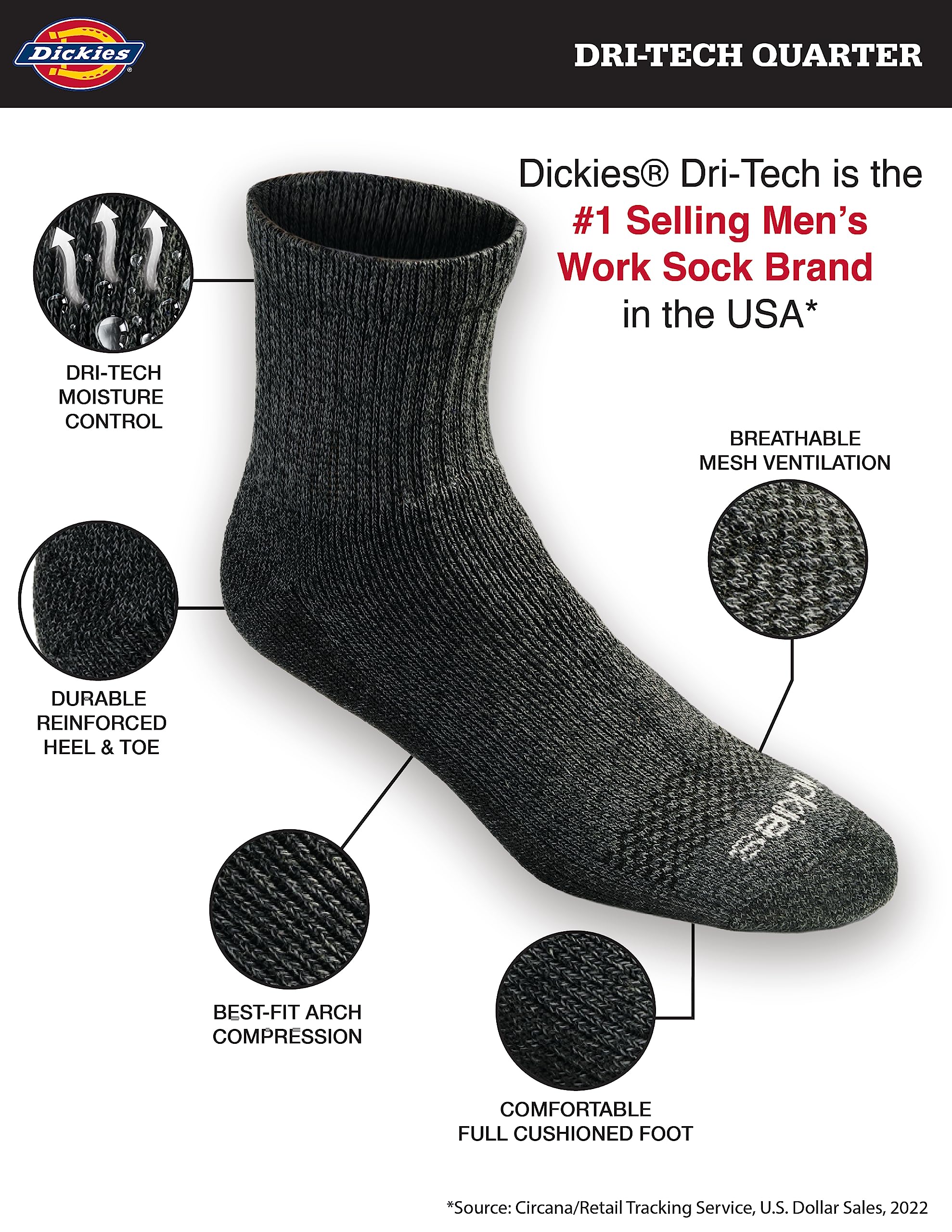 Dickies Men's Dri-Tech Moisture Control Quarter Socks, Available in M-XXL (6, 18, Grey/Blue/Brown (12 Pairs), Large