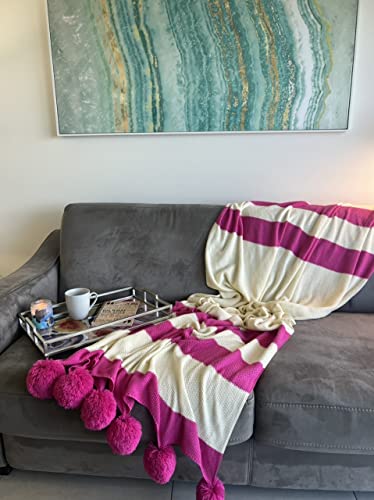 Knit Pink Throw Blankets for Couch- 50x60 Inches , Reversible Woven Cotton Striped Soft Throw Blanket for Bed with Pom Pink & Cream Full