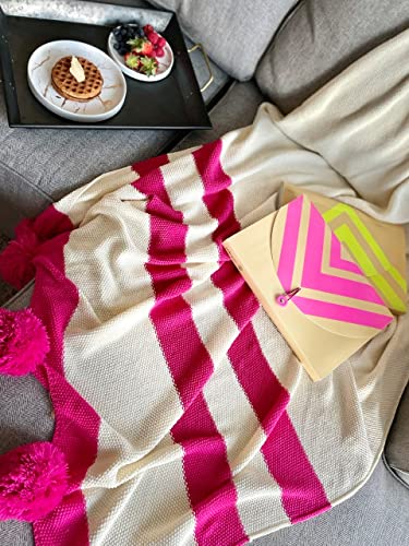 Knit Pink Throw Blankets for Couch- 50x60 Inches , Reversible Woven Cotton Striped Soft Throw Blanket for Bed with Pom Pink & Cream Full