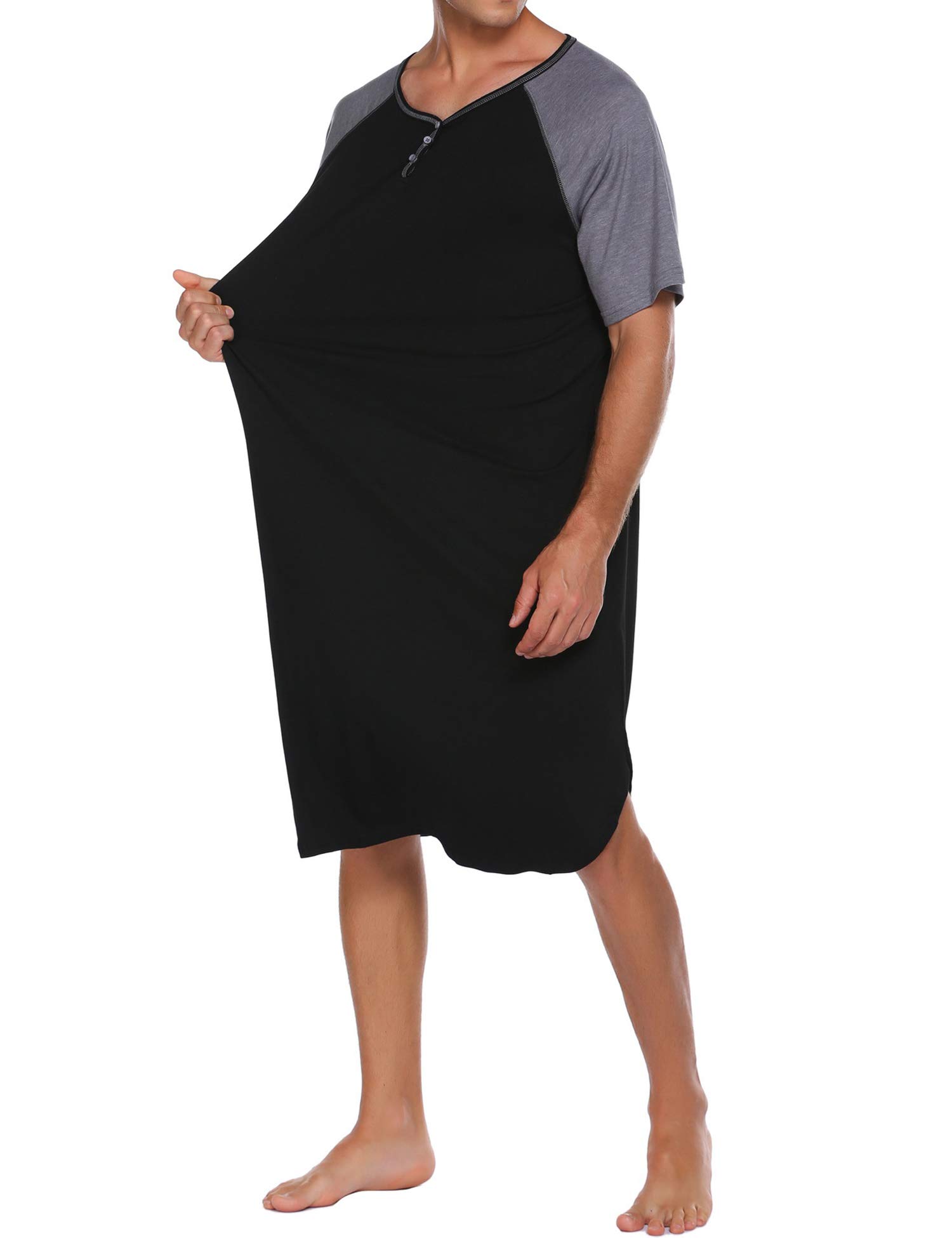 Ekouaer Plus Size Nightshirts Men's Short Sleeve Nightwear Long Lightweight Kaftan Sleep Tops (Black,XXL)