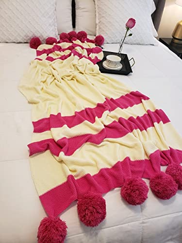 Knit Pink Throw Blankets for Couch- 50x60 Inches , Reversible Woven Cotton Striped Soft Throw Blanket for Bed with Pom Pink & Cream Full