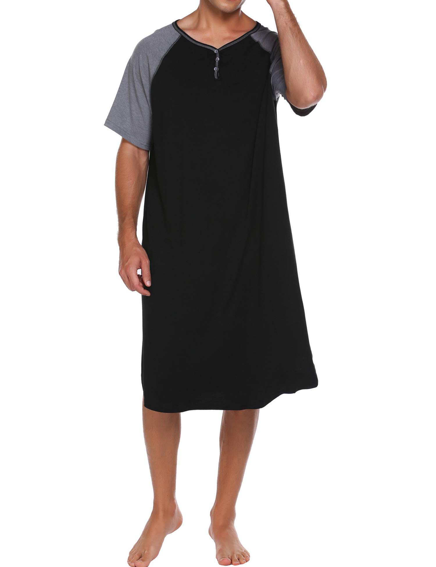 Ekouaer Plus Size Nightshirts Men's Short Sleeve Nightwear Long Lightweight Kaftan Sleep Tops (Black,XXL)