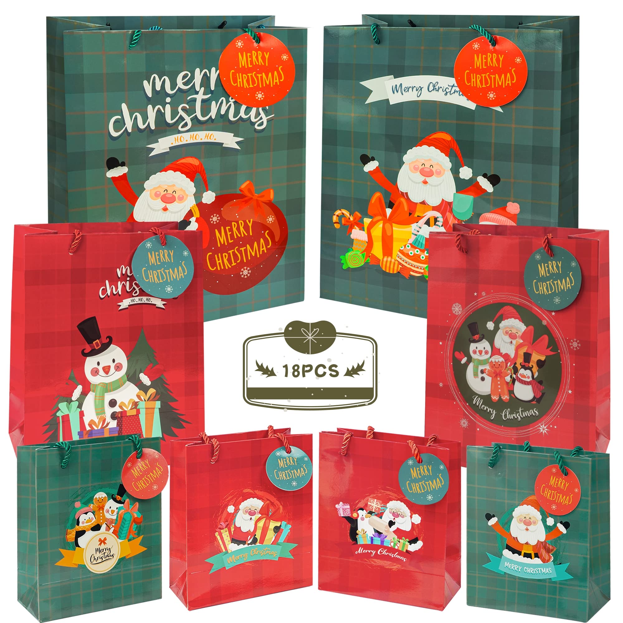 Uptotop Christmas Bags with Gift Tags, 18 Pack Christmas Red and Green Bags Includes 4 Large 6 Medium 8 Small, Xmas Paper Bags for Gift Giving