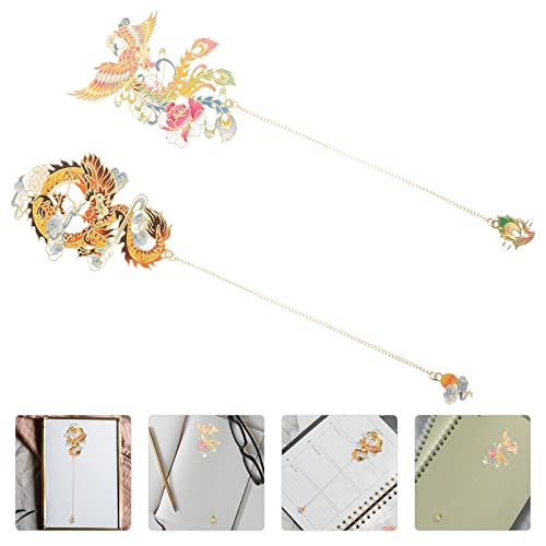 Sewroro Metal Bookmark with Chain: 2pcs Book Page Marker Decorative Book Mark with Chinese Mythology Figure Charm for Book Lover Graduation Gift