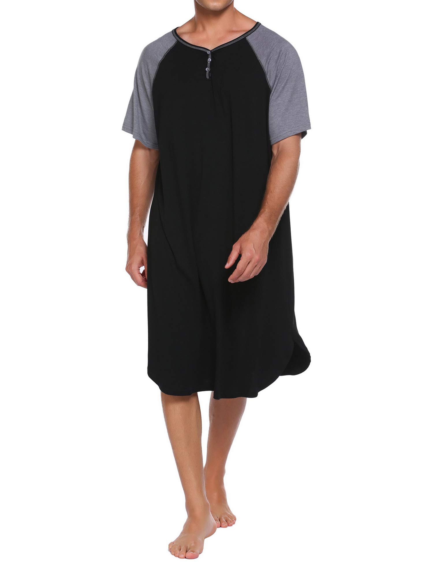 Ekouaer Plus Size Nightshirts Men's Short Sleeve Nightwear Long Lightweight Kaftan Sleep Tops (Black,XXL)