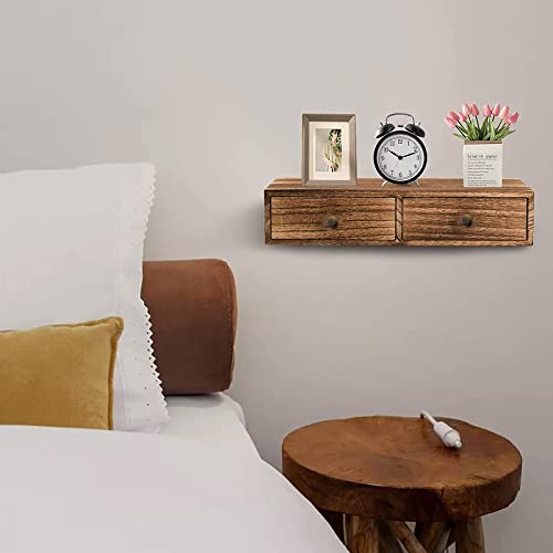 Yesland 2 Pcs Floating Nightstand with Drawer - Rustic Wood Floating Wall Mounted Drawers Floating Shelf with Drawer for Living Room, Bedroom, Storage, Display - Yellowish Brown
