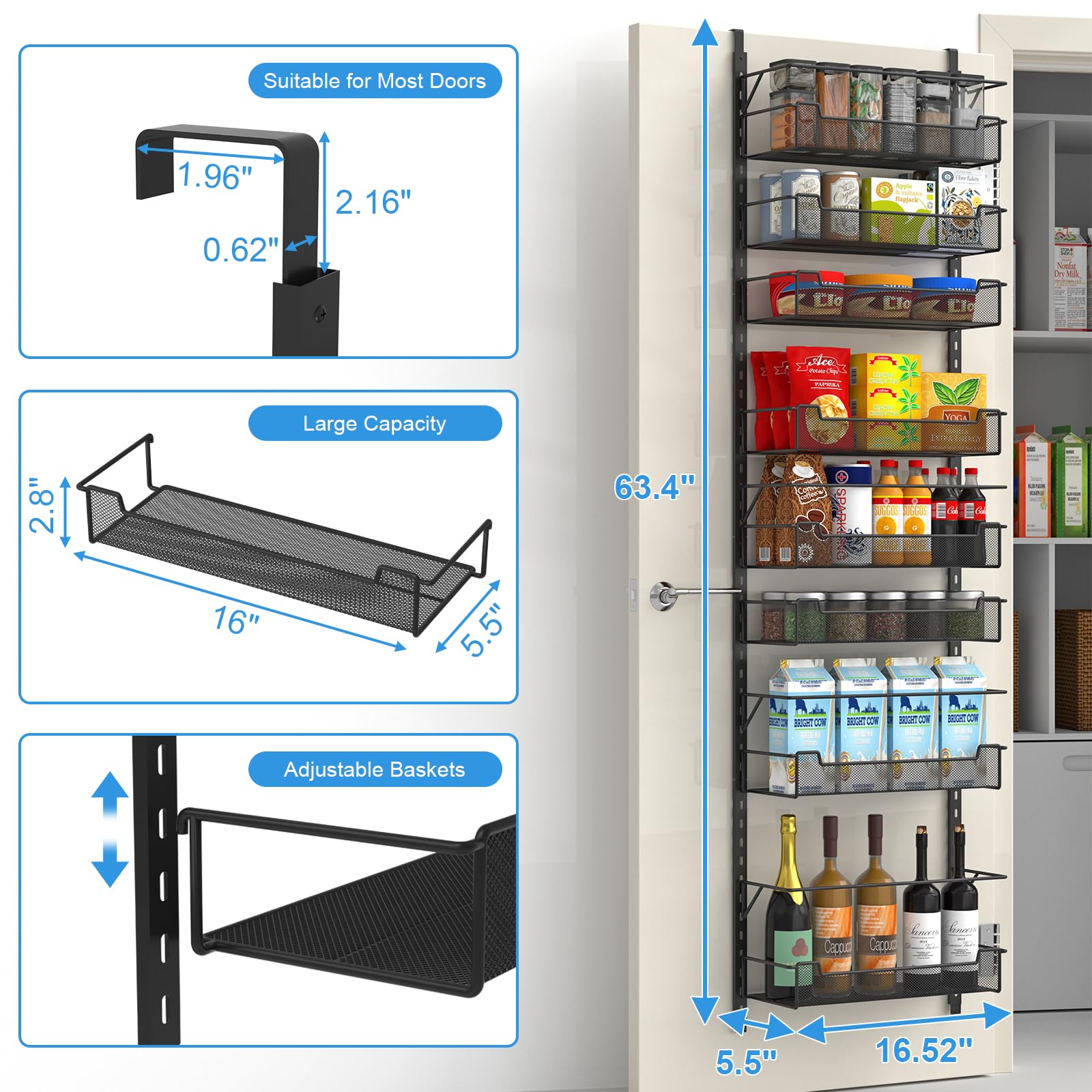VyGrow Over the Door Pantry Organizer, 8-Tier Over the Door Organizer with Adjustable Hooks and Basket, Pantry Door Organization for Pantry Kitchen Storage Room Spice Rack