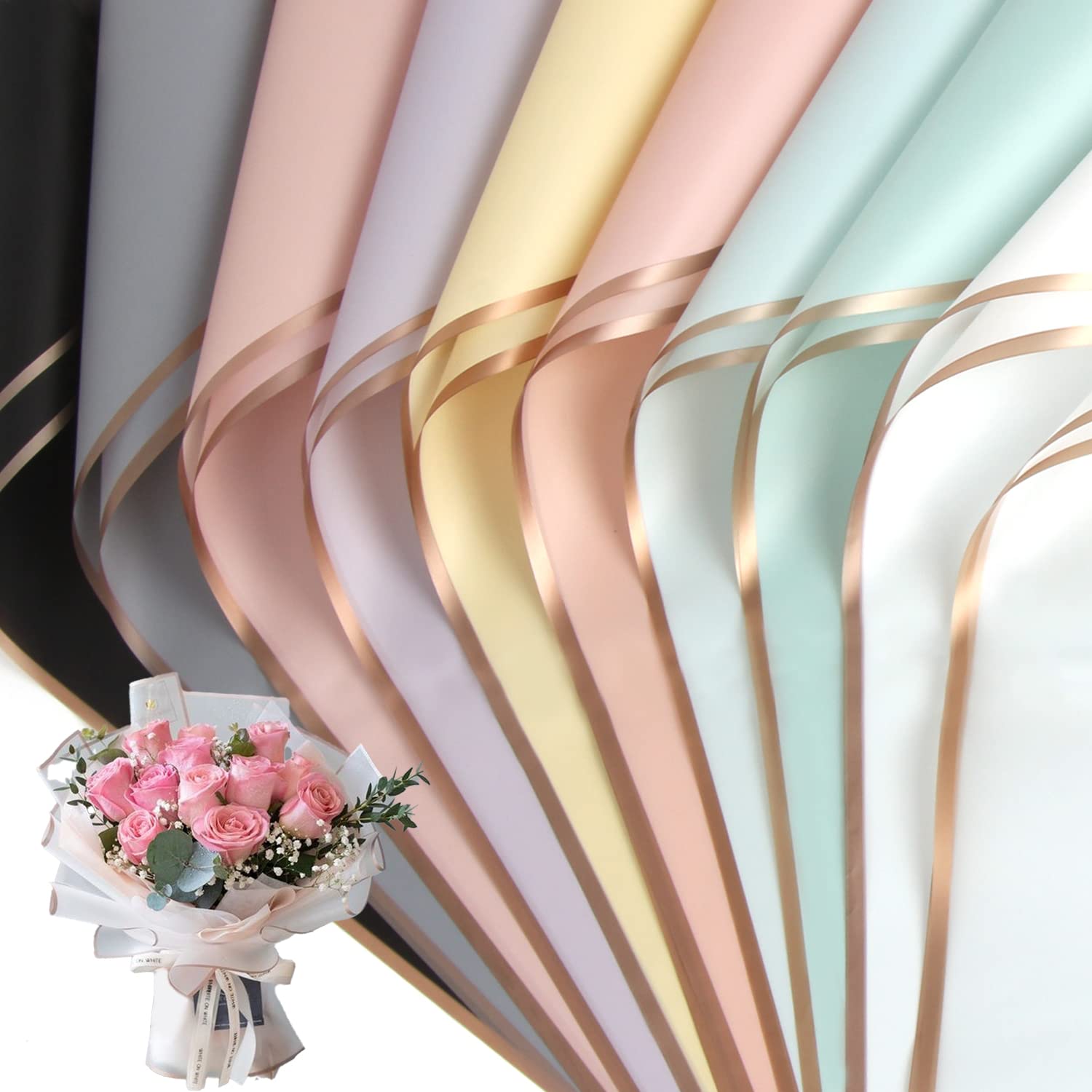 CCINEE 20 Sheets Gold Edge Flower Wrapping Paper,Waterproof Fresh Flower Packing Material Florist Bouquet Supplies DIY Craft Gift Packing,10 Colors