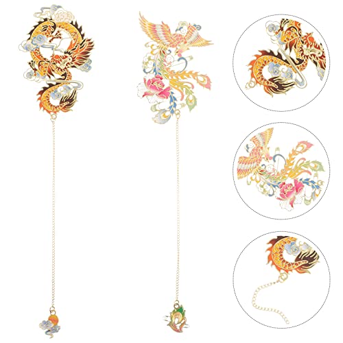 Sewroro Metal Bookmark with Chain: 2pcs Book Page Marker Decorative Book Mark with Chinese Mythology Figure Charm for Book Lover Graduation Gift