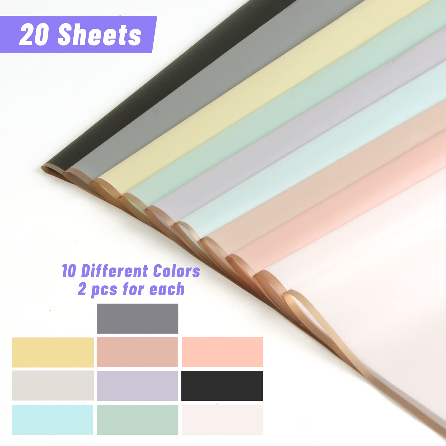 CCINEE 20 Sheets Gold Edge Flower Wrapping Paper,Waterproof Fresh Flower Packing Material Florist Bouquet Supplies DIY Craft Gift Packing,10 Colors