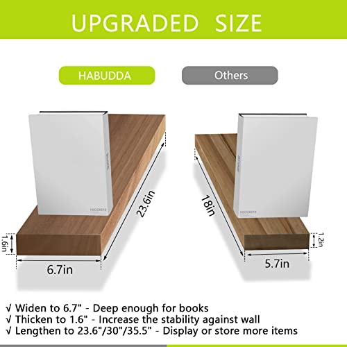 HABUDDA Floating Shelves for Wall Decor, Bedroom Bathroom Storage Wood Shelf, Farmhouse Rustic Home Kitchen Laundry, Wooden Hanging Mounted Plant Book Display Shelf, 2-Pack(23.6"×6.7"×1.6", Red Brown)