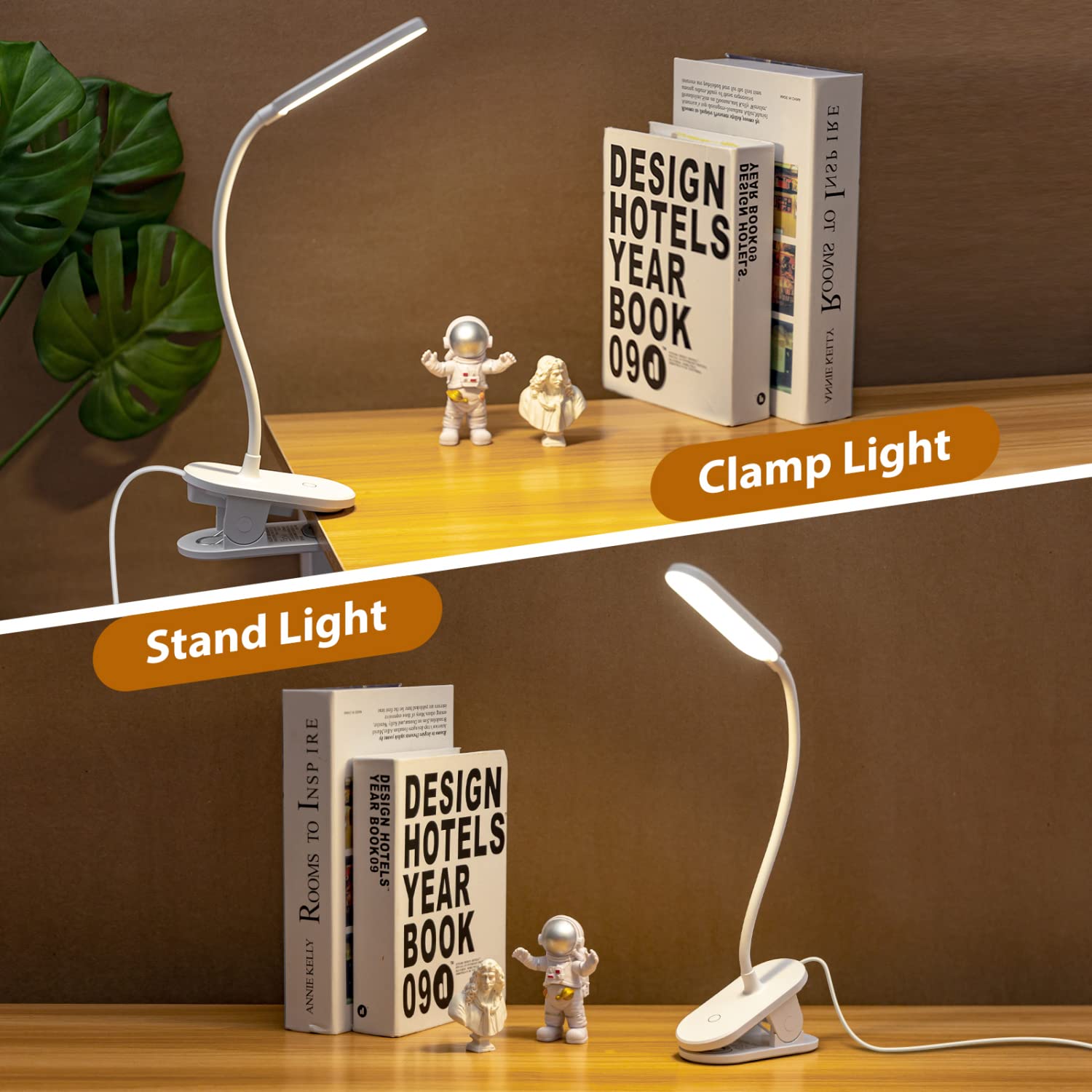 Aigostar Rechargeable Clip on Book Reading Light, Brightness Desk Lamp Touch LED Table Light with 3 Levels Dimmable,Built-in USB Cable,Long Lasting Portable Bed Bedside Clamp Light White