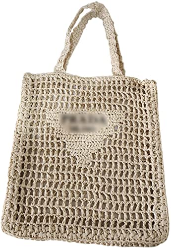 Weiwu Handmade Straw Bag,Travel Beach Fishing Mesh Bag, Straw Woven Bag Female Pastoral Style Weaving Hollow Shoulder Bag (Beige - With lining bag)