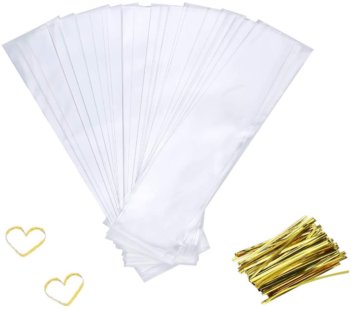 Enenes Cellophane Goody Bags Pretzel Bag 100 PCS Cello Treat Bag Party Favor Bag Clear Candy Bags Metallic with Twist Ties for Gift Bakery Cookies Dessert (2.4X10 Inch，100PCS)