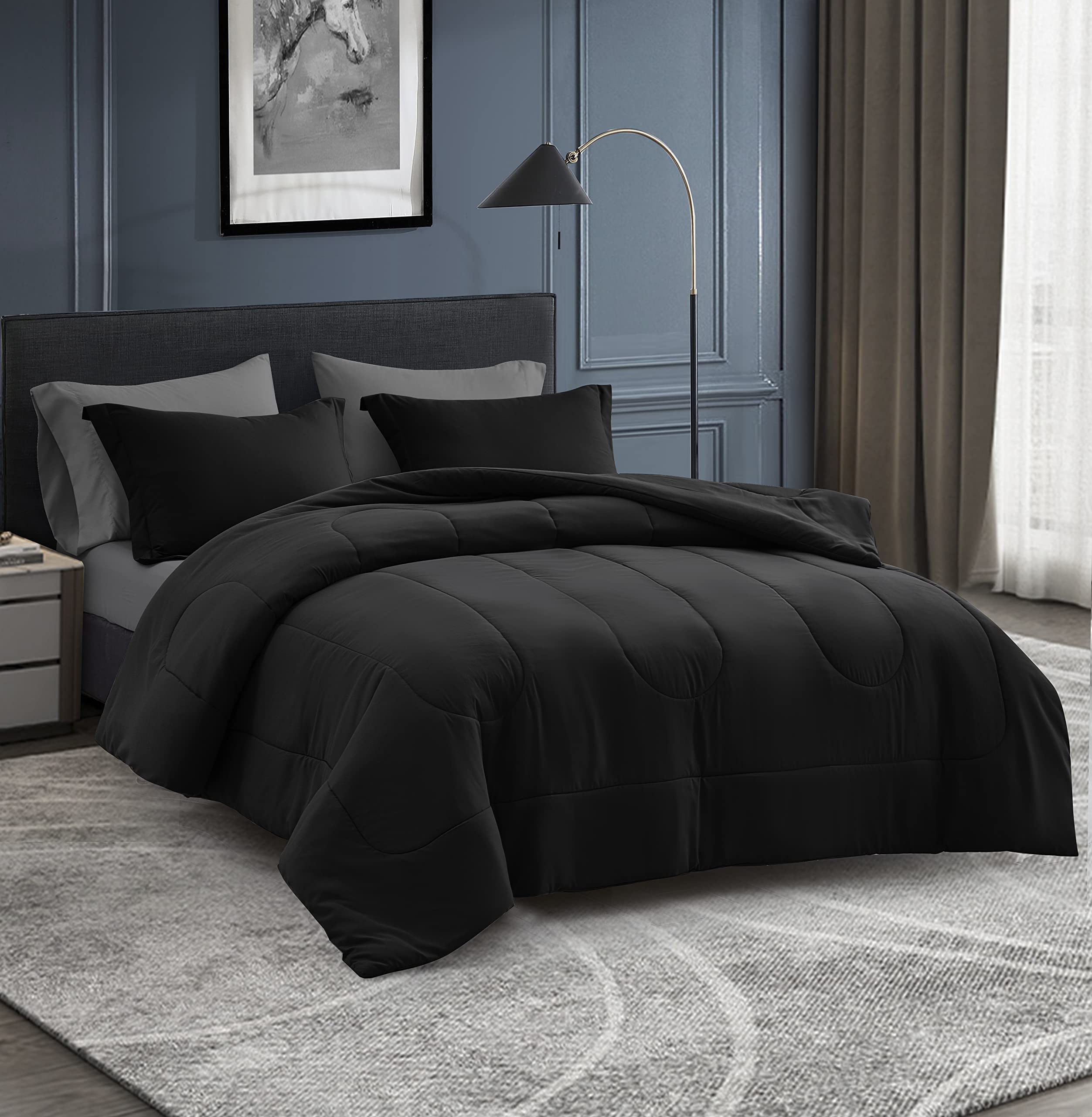 Maple&Stone Queen Size Comforter Set 7 Pieces Bed in a Bag - Down Alternative Bed Set with Sheets, Pillowcases & Shams, Soft Reversible Duvet Insert for Queen Bed, Black