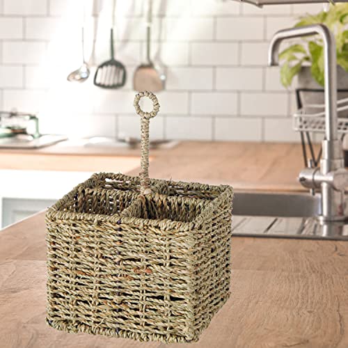 4 Compartment Basket Caddy, Bottle and Condiment Holder, Woven Wicker Over Metal Frame, Seagrass, 10.5 Inches