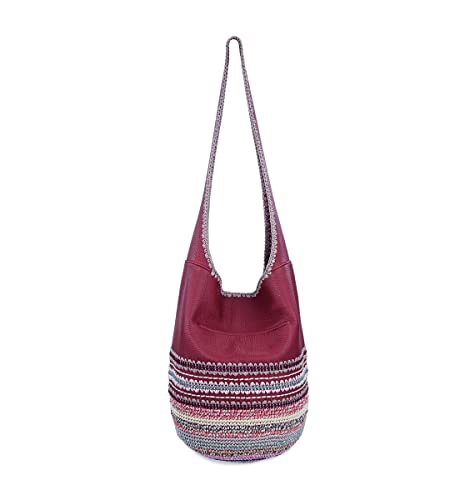 The Sak Back To Bali 120 Hobo Bag in Leather & Hand-Crochet, Large Shoulder Purse, Crimson Seminyak