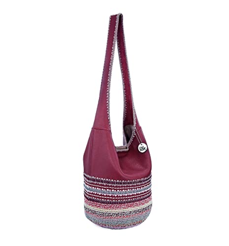 The Sak Back To Bali 120 Hobo Bag in Leather & Hand-Crochet, Large Shoulder Purse, Crimson Seminyak