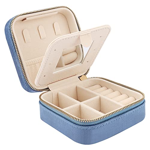 DesignSter Travel Jewelry Box - Velvet Mini Jewelry Organizer, Small Jewelry Case for Girls Women, Jewelry Storage Box for Rings Earrings Necklace (Square, Blue Fog)