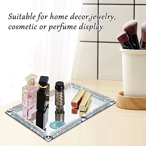 Crystal Glass Tray, Mirror Modern Dresser Cosmetic Tray with Broken Diamonds, 11.8" x 7.9" Rectangular Jewelry Trinket Perfume Tray for Bathroom Bedroom, Home Decor, Hotel Banquet, Party (Silver)