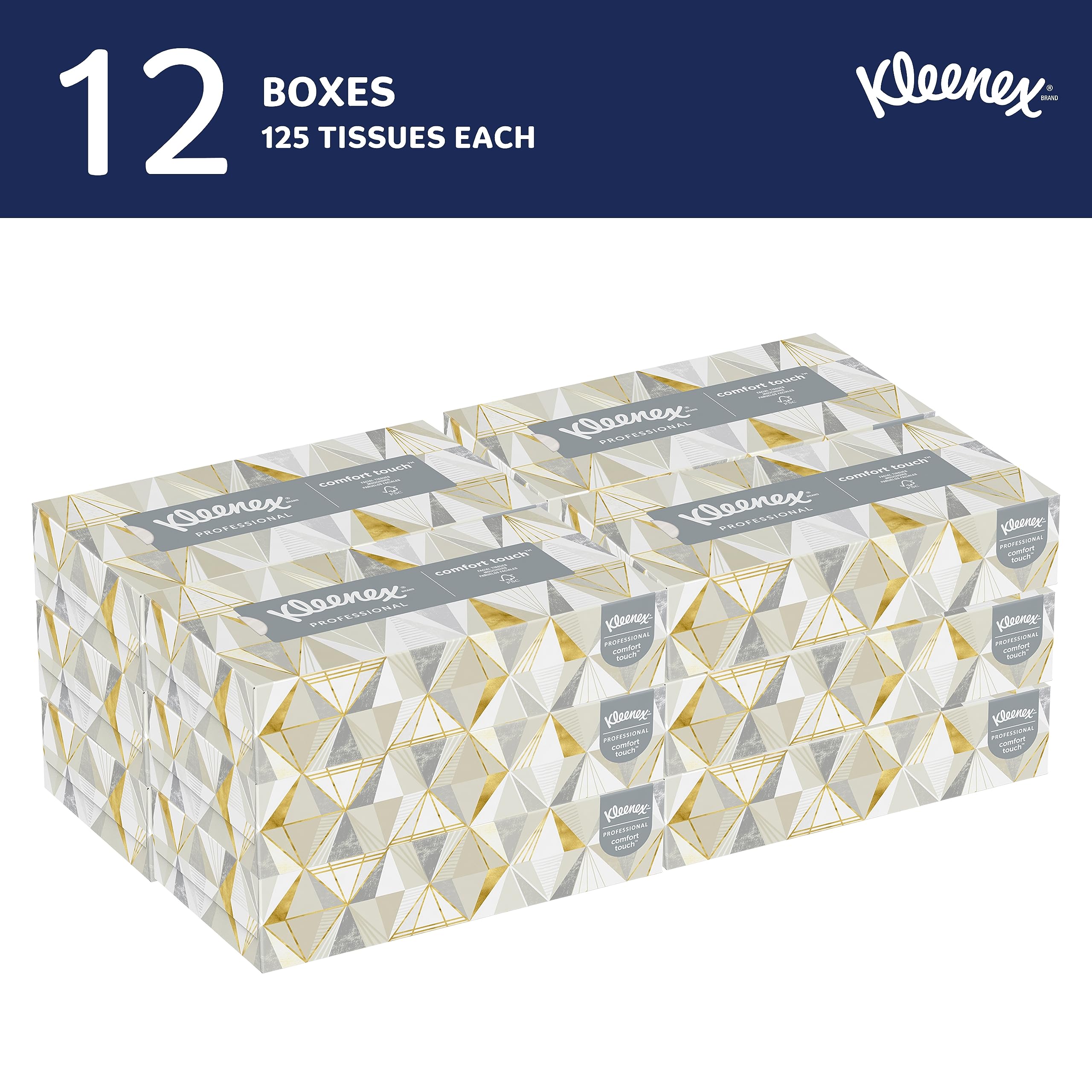 Kleenex Professional Facial Tissue for Business (03076), Flat Tissue Boxes, 12 Boxes / Convenience Case, 125 Tissues / Box, 1,500 Tissues / Case