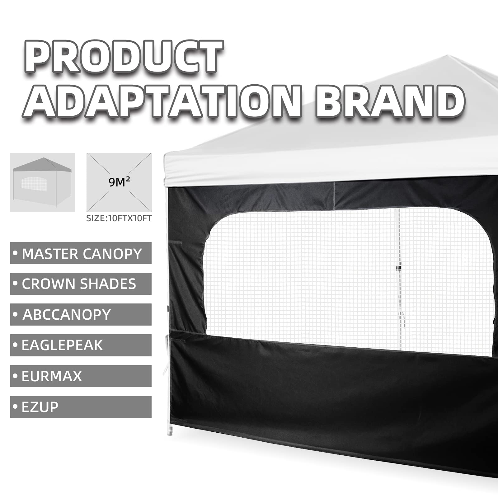 Turtle Life Sunshade Sidewall with Mesh Window and Zipper for 10x10 Pop Up Straight Canopy, 1 Pack,Black