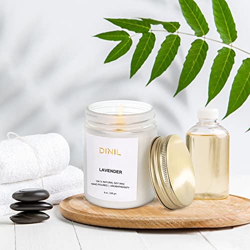Lavender Candle β All-Natural Soy Wax Candle with Wood Wick | Long Burning Time & Intense Fragrance β Dinil Scented Aromatherapy Candle for Home Decor, Meditation | 8 oz 45 Hour Long Lasting
