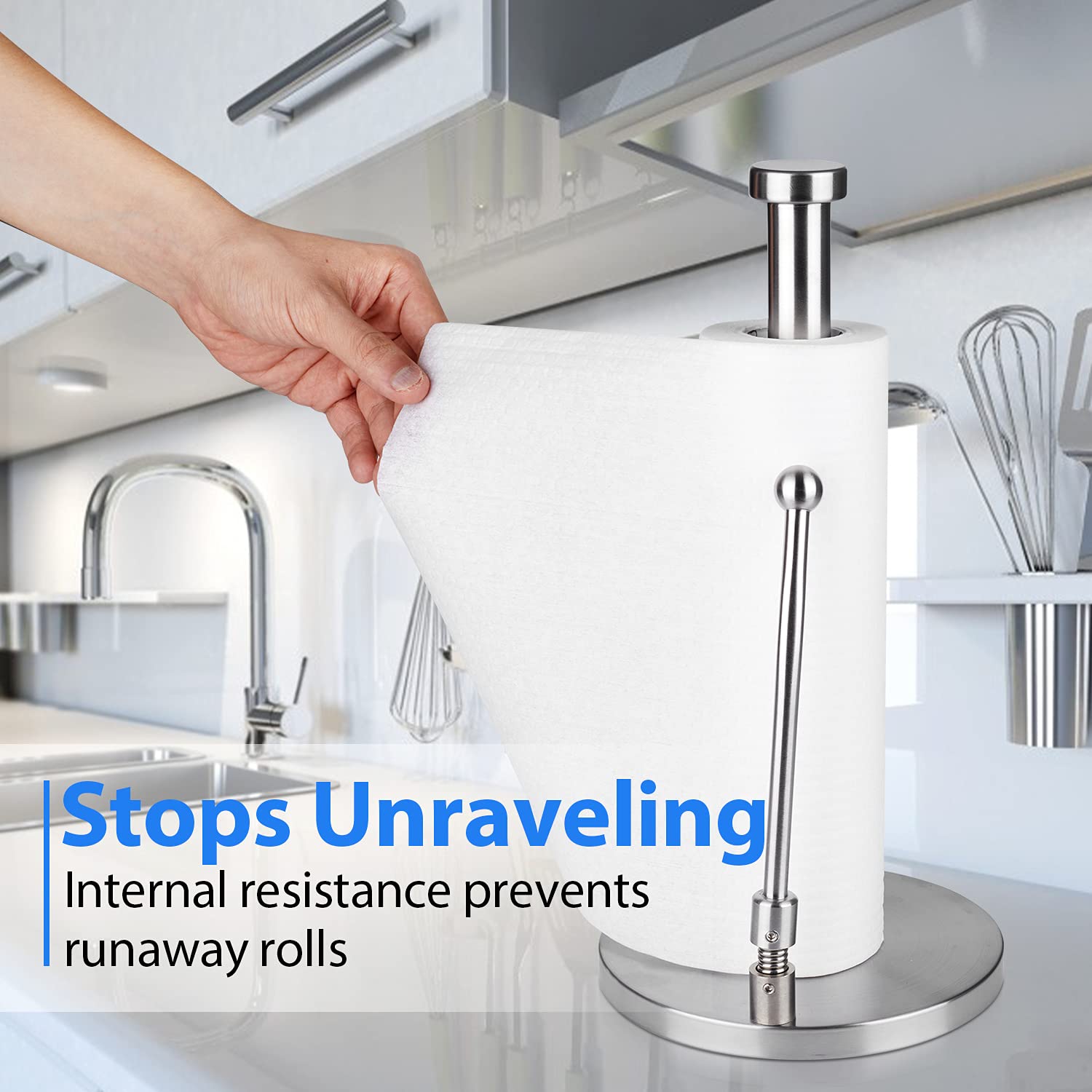 Paper Towel Holder Stand Stainless Steel Easy Tear Paper Towel Holder with Adjustable Spring Arm for Kitchen Bathroom