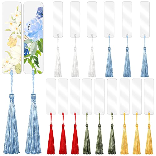 15 Pcs Clear Acrylic Blank Bookmarks Rectangle Plastic Craft Transparent Blank Acrylic Book Markers with 15Pcs Small Bookmark Tassels for Classroom Projects and Gifts Tags