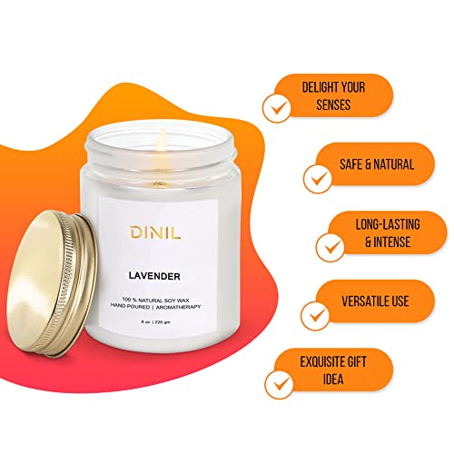 Lavender Candle β All-Natural Soy Wax Candle with Wood Wick | Long Burning Time & Intense Fragrance β Dinil Scented Aromatherapy Candle for Home Decor, Meditation | 8 oz 45 Hour Long Lasting